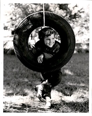 LG15 1957 Orig Glenn Zahn Photo ADORABLE CHILD Playing in Tire Swing ...