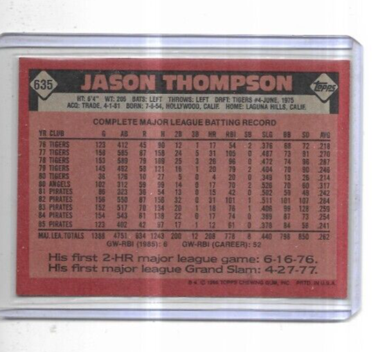 1986 Topps #635 Jason Thompson Pittsburgh Pirates | eBay
