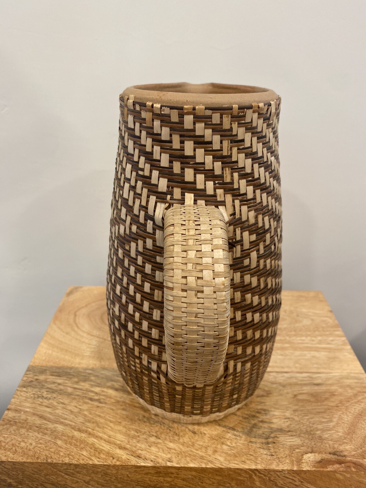 Vintage Clay Terracotta WICKER RATTAN Wrapped Pitcher Jug Vessel Handle ...