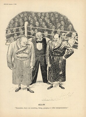 RARE POLITICAL CARTOON 1950 British Elections CHURCHILL VS. ATLEE ...