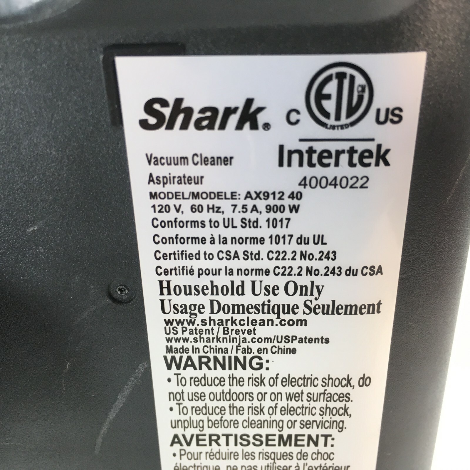 Shark AX912 Vacuum MAIN BASE MOTOR LIFT AWAY Assembly w/ MOTOR Original ...