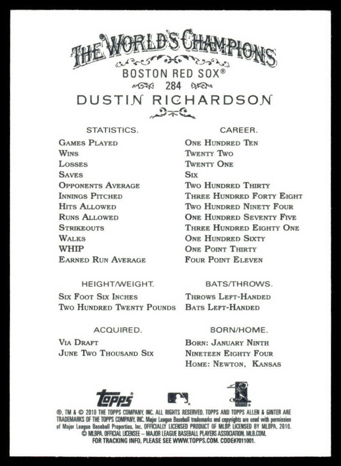 2010 Topps Allen & Ginter Dustin Richardson #284 RC Boston Red Sox | eBay