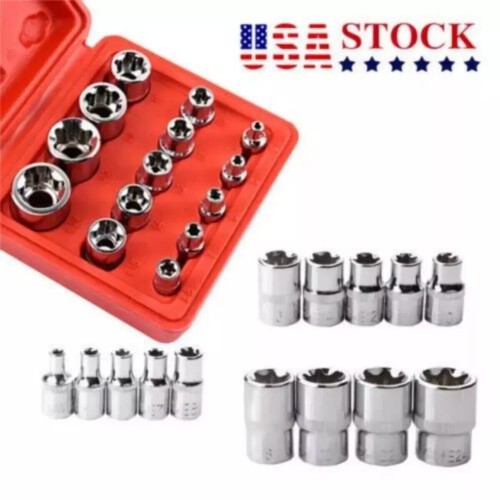 E Torx Star Female Bit Socket Set 14 PCS 1/2" 3/8" 1/4" Drive E4 - E24 ...