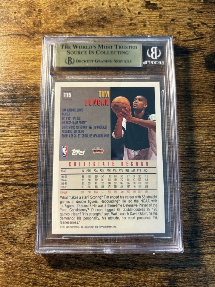 1997-98 Topps Tim Duncan Rookie Card RC #115 BGS 9.5 Gem Mint Spurs | eBay