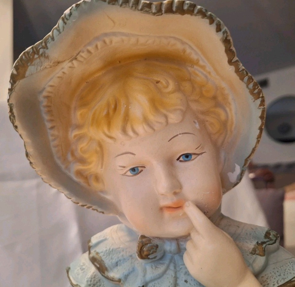 12" Antique Victorian Chalkware Girl Blue Bonnet Statue Figure Piano ...