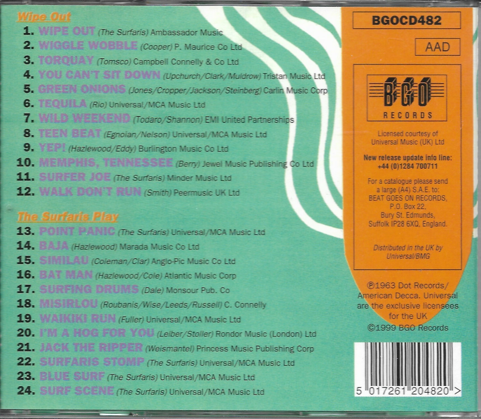 Wipe Out/The Surfaris Play by The Surfaris (CD, Nov-1999, Beat Goes On ...