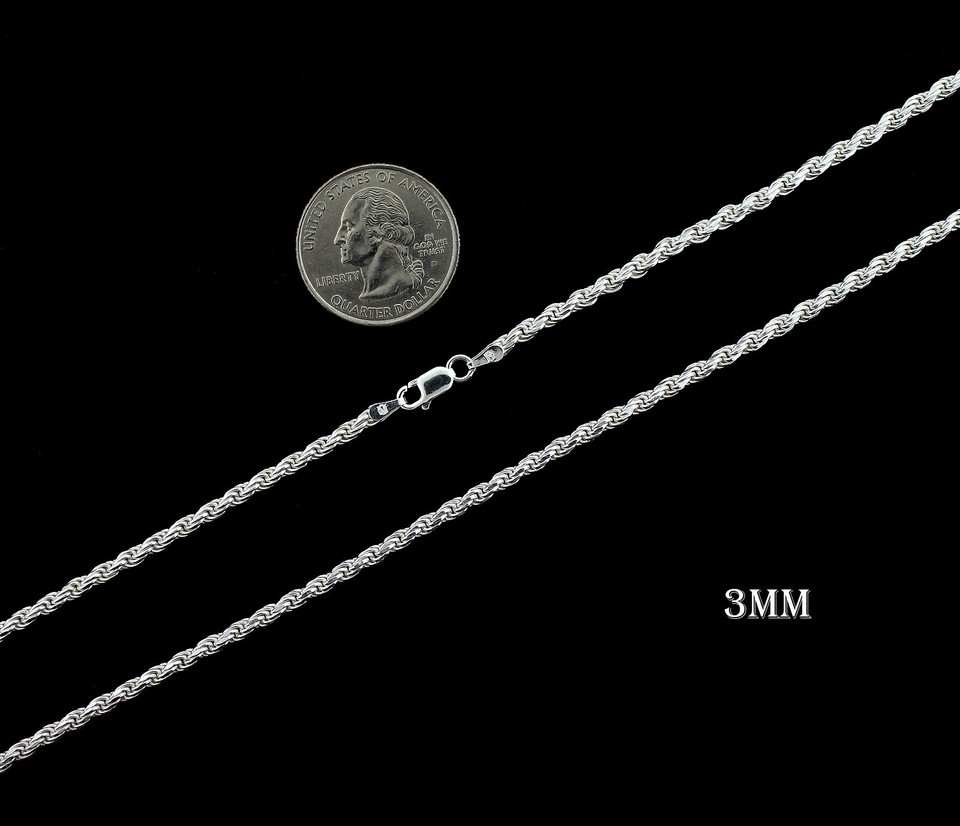 Real 925 SOLID Sterling Silver Diamond-Cut ROPE Chain Necklace or ...