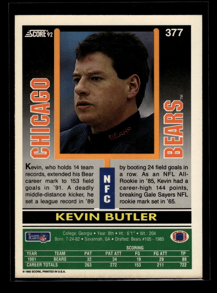 1992 Score #377 Kevin Butler (EX)(FTB) | eBay