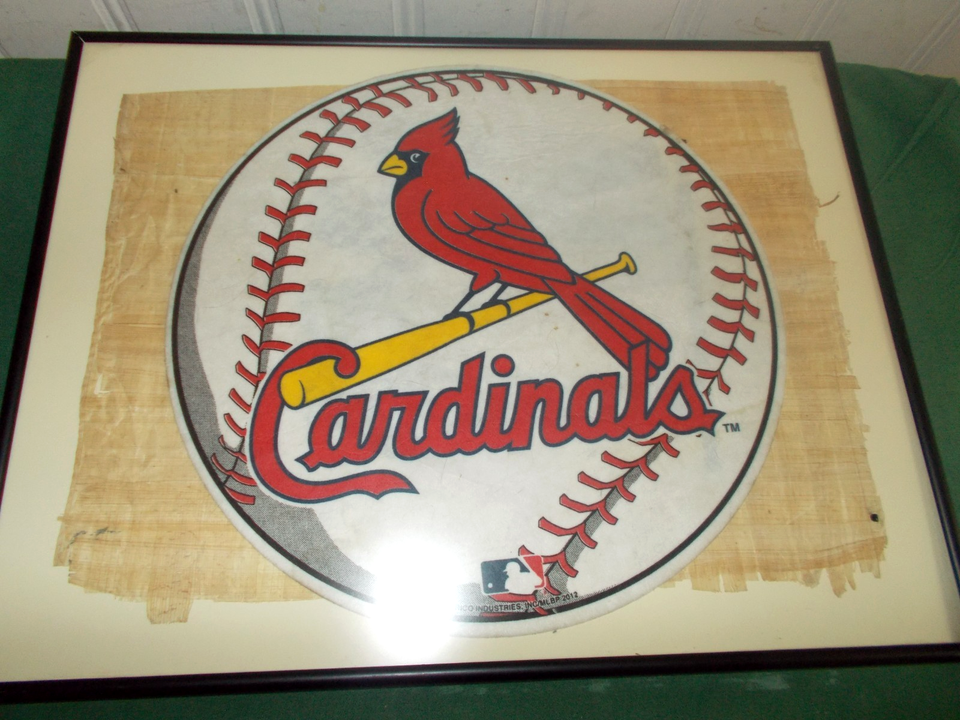 ST. LOUIS CARDINALS BASEBALL BIRD ON BAT RUSTIC CLOTH GLASS FRAMED ...