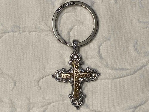 BRIGHTON Silver Crystal Gold Center Large Religious Cross Key Ring Key ...