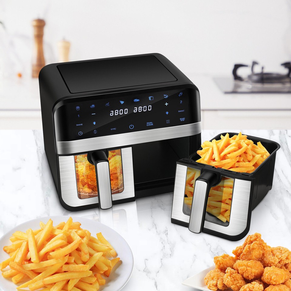 Black Dual Twin Zone Double Drawer Glass Window Electric Air Fryer 9L ...