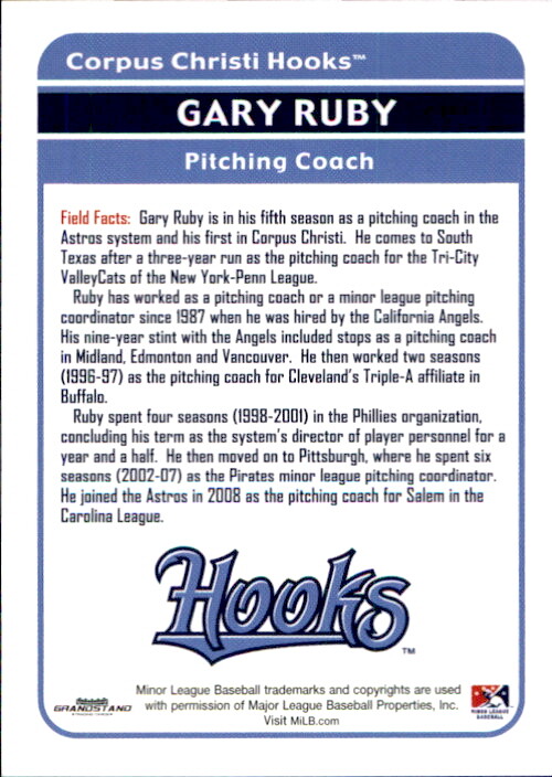 2012 Corpus Christi Hooks Grandstand #20 Gary Ruby Pitching Coach ...