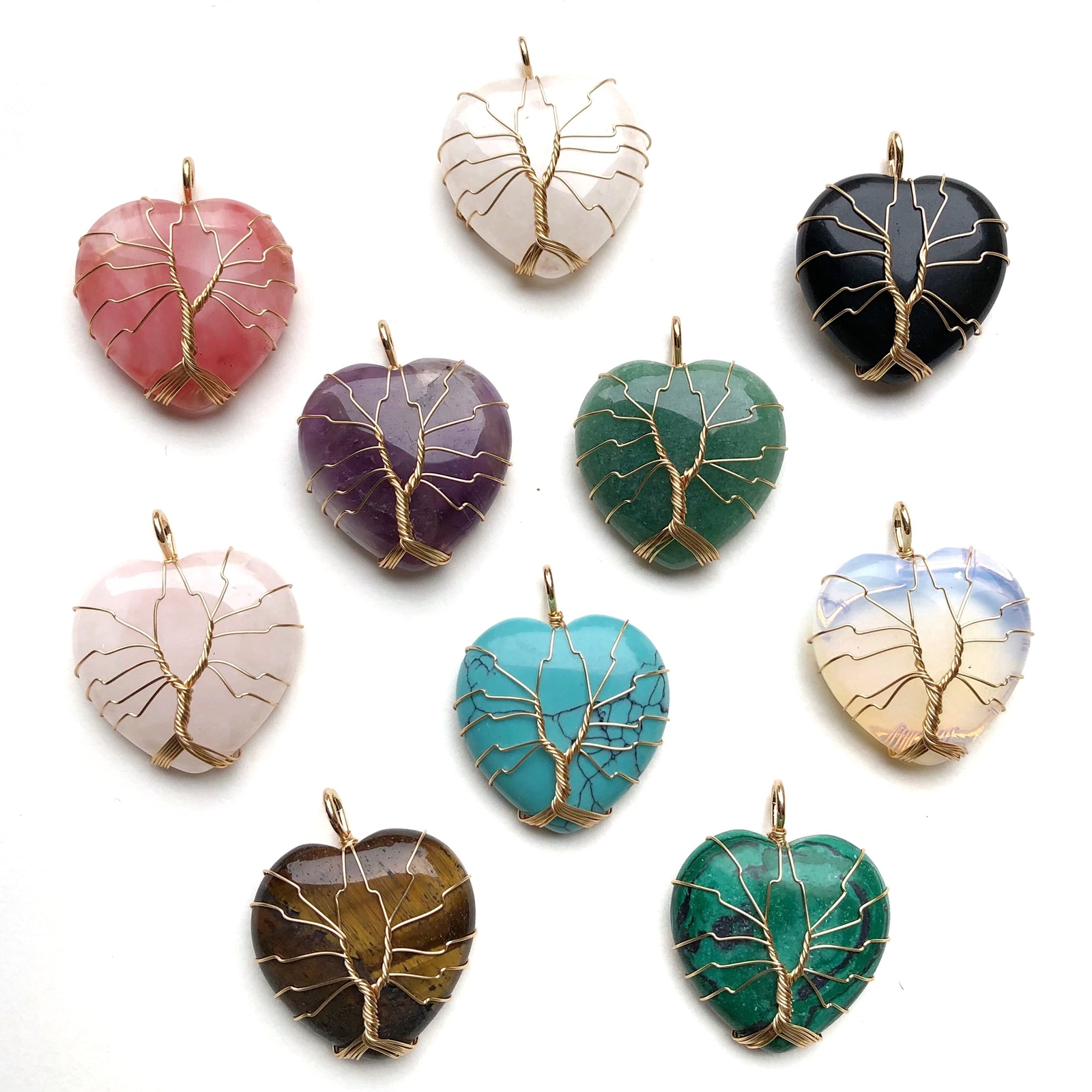 10pcs Mix Gems Tree Of Life Pendants Heart Chakra Reiki Healing Amulet ...