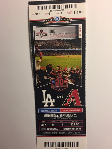 ARIZONA DIAMONDBACKS VS LOS ANGELES DODGERS SEPTEMBER 26, 2018 TICKET ...