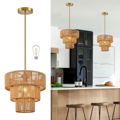 12.5 Inch Natural Hand-Woven Pendant Light Woven Chandelier 1-Light ...