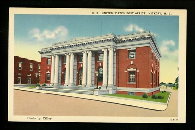Post Office postcard North Carolina NC Hickory columns lanterns gardens ...