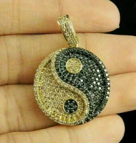 2CT Round Cut Lab Created Diamond Ying Yang Men's Pendant 14K Yellow ...
