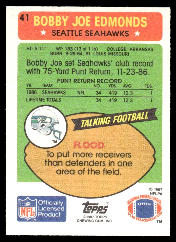 1987 TOPPS AMERICAN/UK BOBBY JOE EDMONDS D SEATTLE SEAHAWKS #41 | eBay