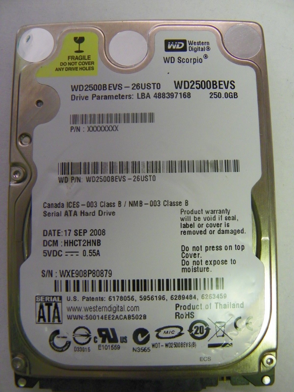Western Digital WD2500BEVS-26UST0 Laptop 250GB 2.5" SATA HDD ...