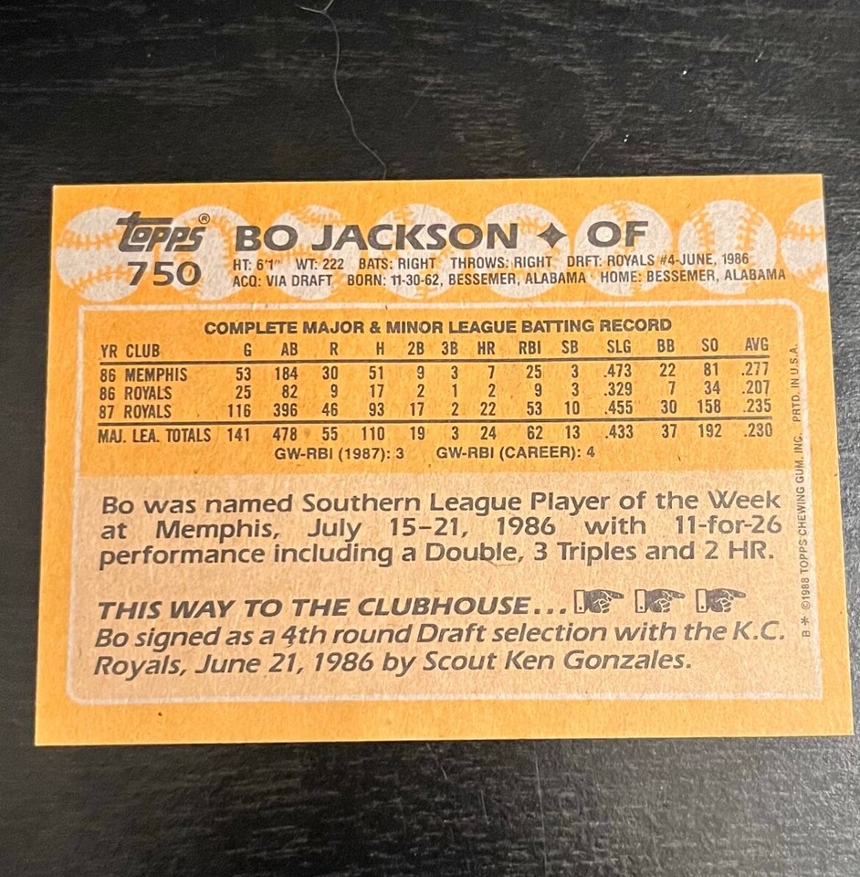 Ultra Rare Bo Jackson 1988 Topps baseball card # 750 Error Card | eBay