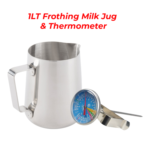 NEW 1 LITRE MILK JUG & FROTHING THERMOMETER SET Espresso Coffee ...