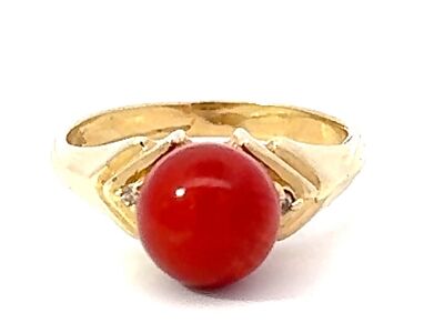 Red Aka Coral Sphere and Diamond Ring 14k Yellow Gold | eBay