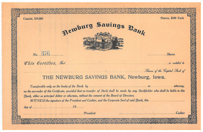 Newburg Savings Bank Iowa stock certificate | eBay
