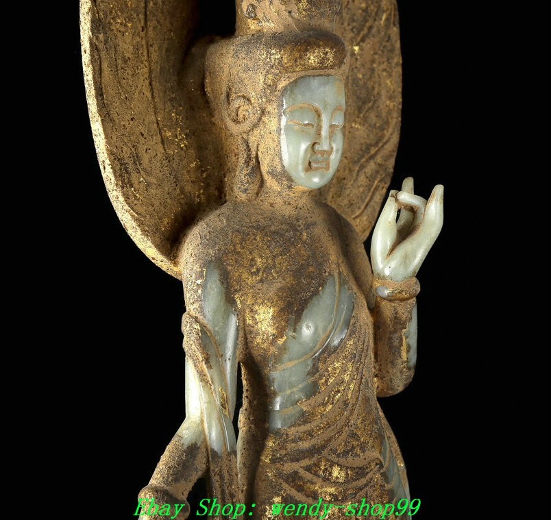 21" Old Han Dynasty Natural Hetian Jade Gilt Guanyin Kwan-Yin Buddha ...
