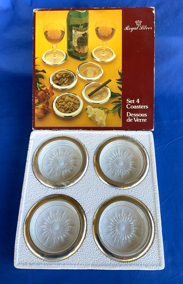 REGAL SILVER Silver Plated Rim Cut Crystal Glass Coasters 4"T Set of 4 ...