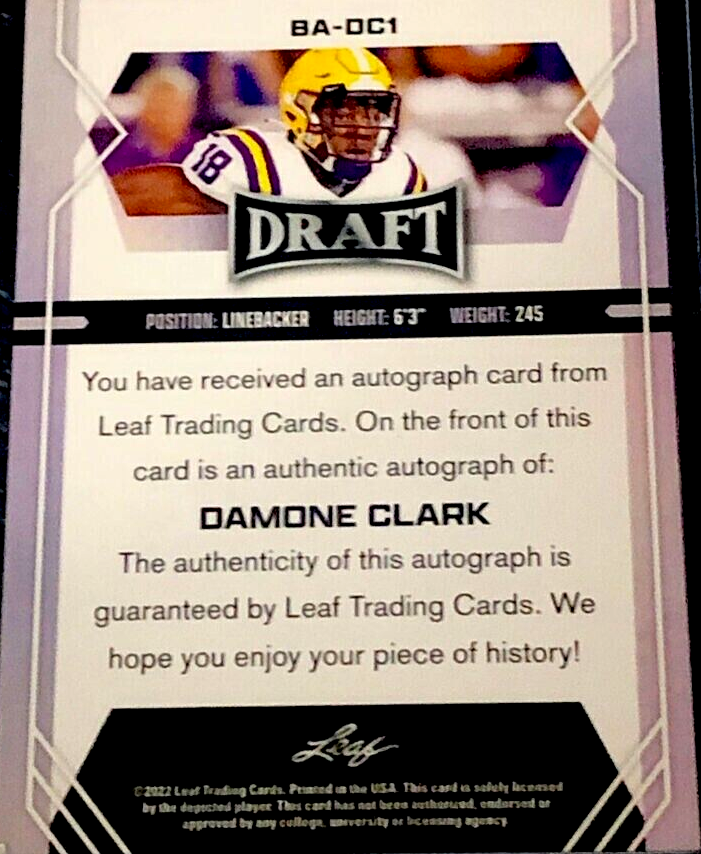 2022 Damone Clark Cowboys Leaf Draft Football #BA-DC1 Gold Auto RC LSU ...