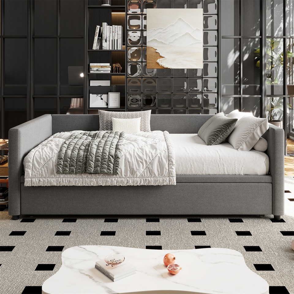 Daybed Linen Upholstered Bed 3ft Single Bed Frame with Trundle Bed ...