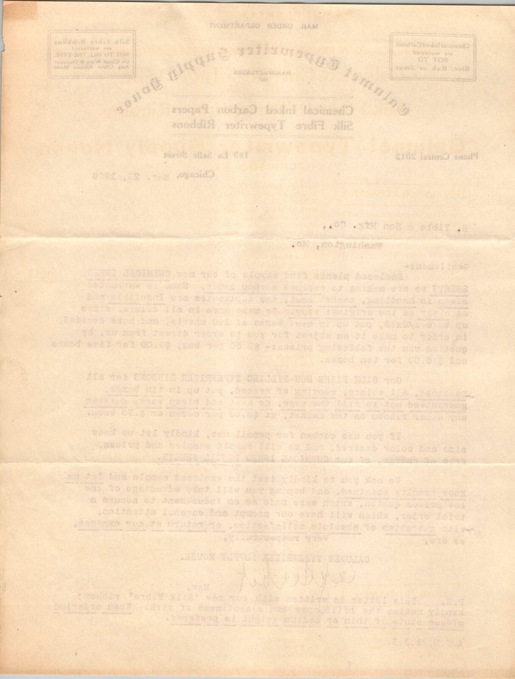 Calumet Typewriter Supply House Chicago IL 1906 Letterhead Silk Ribbons ...