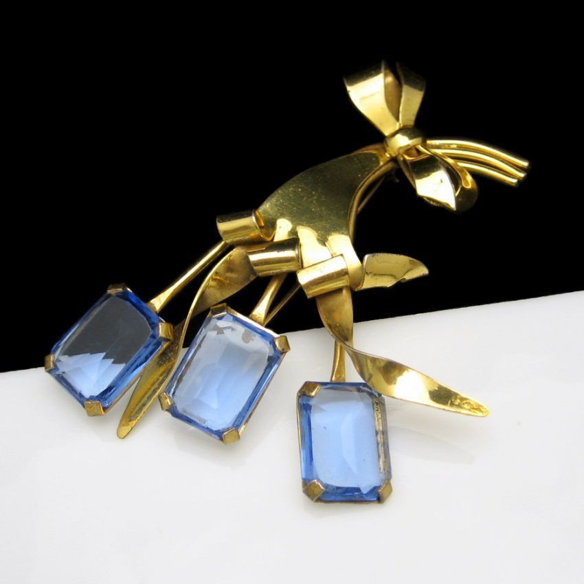 STERLING Silver Vermeil Vintage Brooch Pin Retro Blue Glass Flowers ...