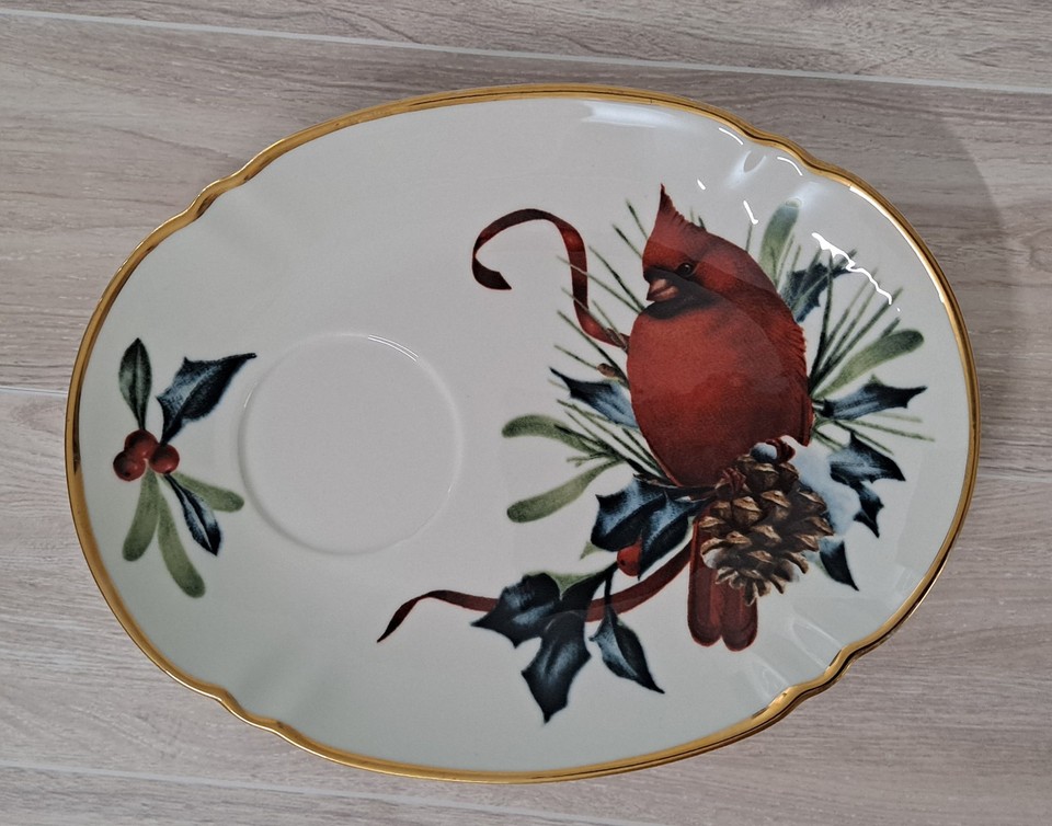 Lenox Winter Greetings Fluted Cup & Dessert Plate Set Red Cardinal Gold ...