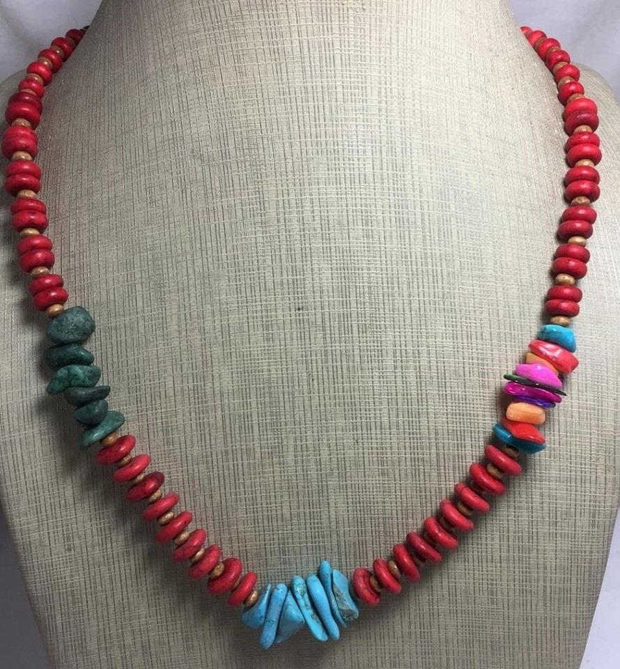 southwestern seashell red/turquoise color Howlite stone necklace/23 ...