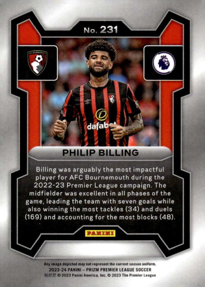 PHILIP BILLING 2023-24 Panini Prizm Premier L:eague Base #231 Soccer ID ...