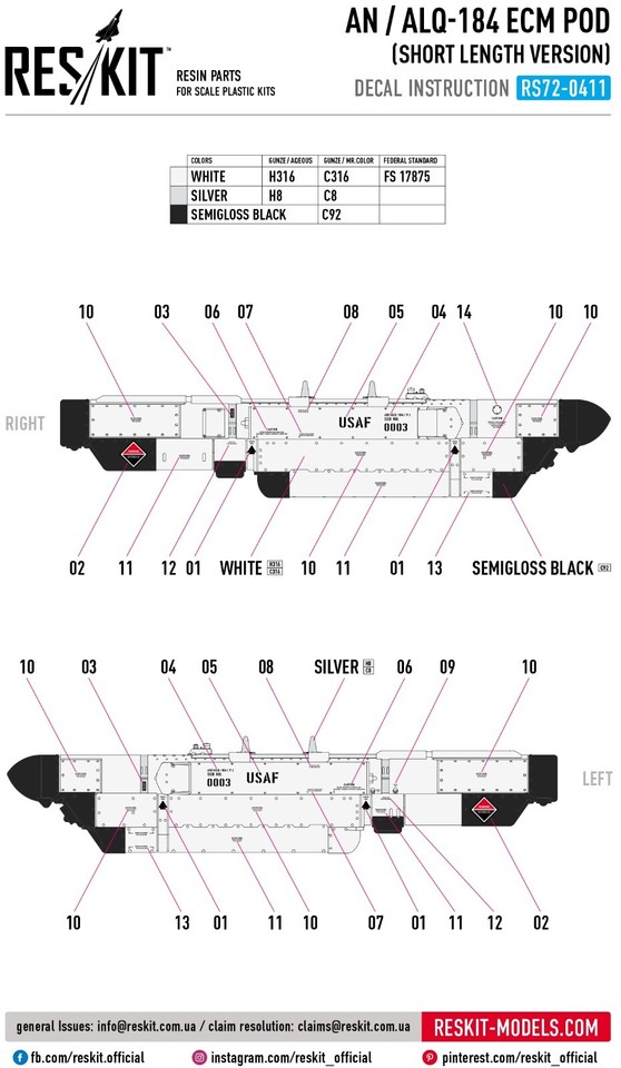 ResKit RS72-0411 1:72 AN / ALQ-184 ECM pod short length version A10,F4G ...