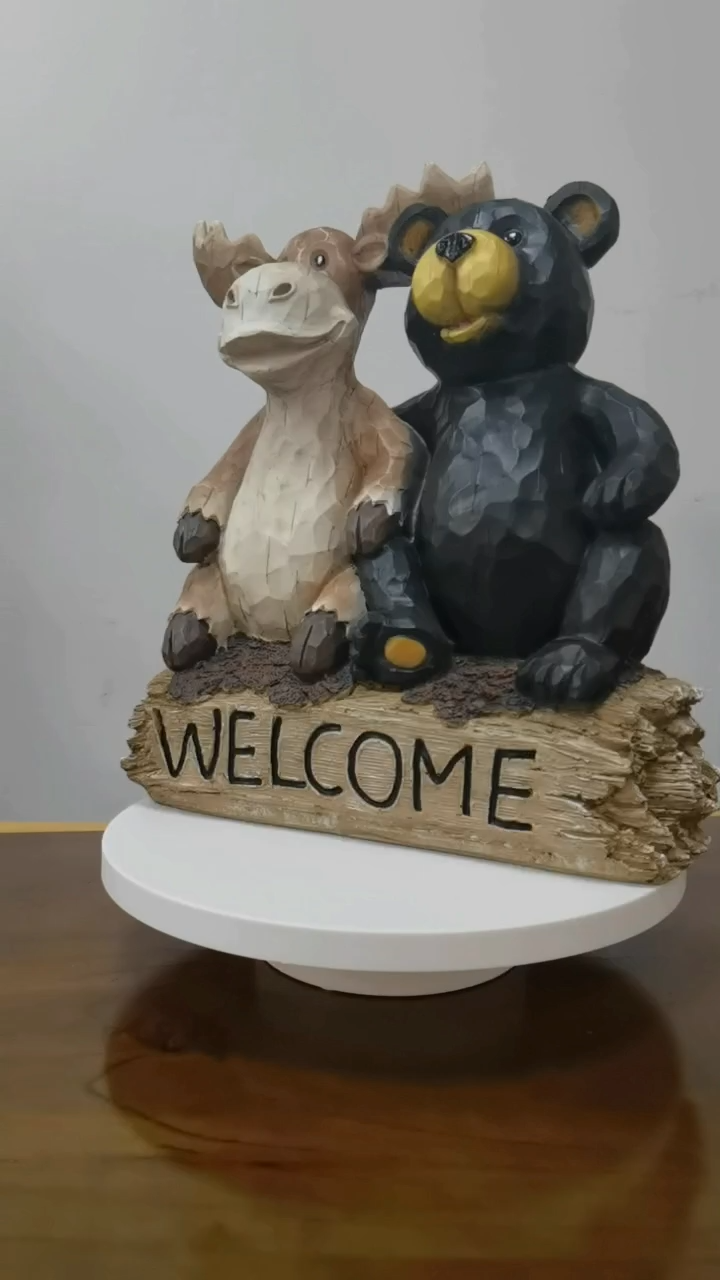 Bear and Moose Statue W/Welcome Sign Cottage Lodge Garden Decor Display ...