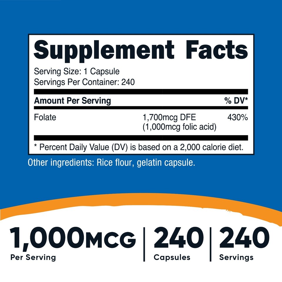 Nutricost Folic Acid (Vitamin B9) 1000 mcg, 240 Capsules - Gluten Free ...