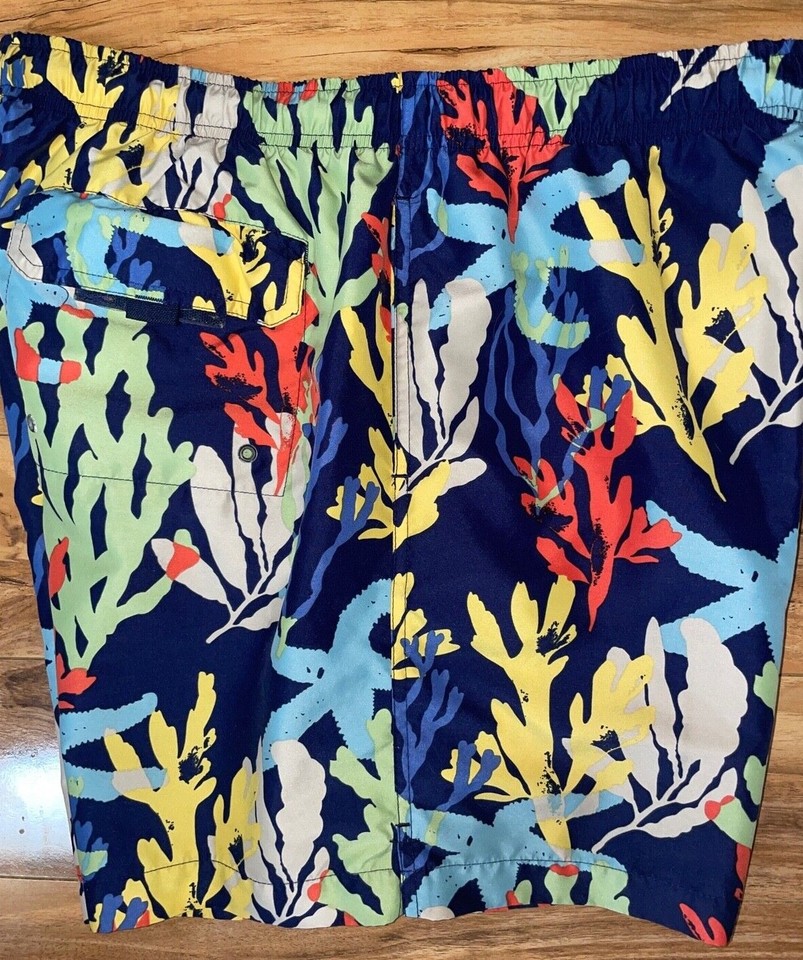 Lands' End Men's Navy Yellow Green Lined Swim Trunks Starfish Pattern ...