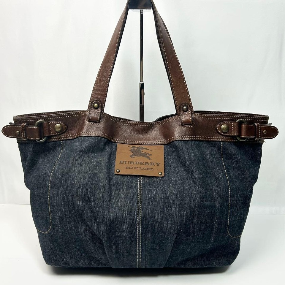 BURBERRY BLUE LABEL Denim Tote Bag Indigo Horse Logo 13in A4 Rare From ...
