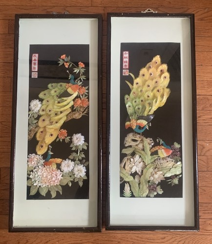 Vintage Set Of 2 Chinese Shell Art Shadow Boxes Peacocks Flowers, EUC ...