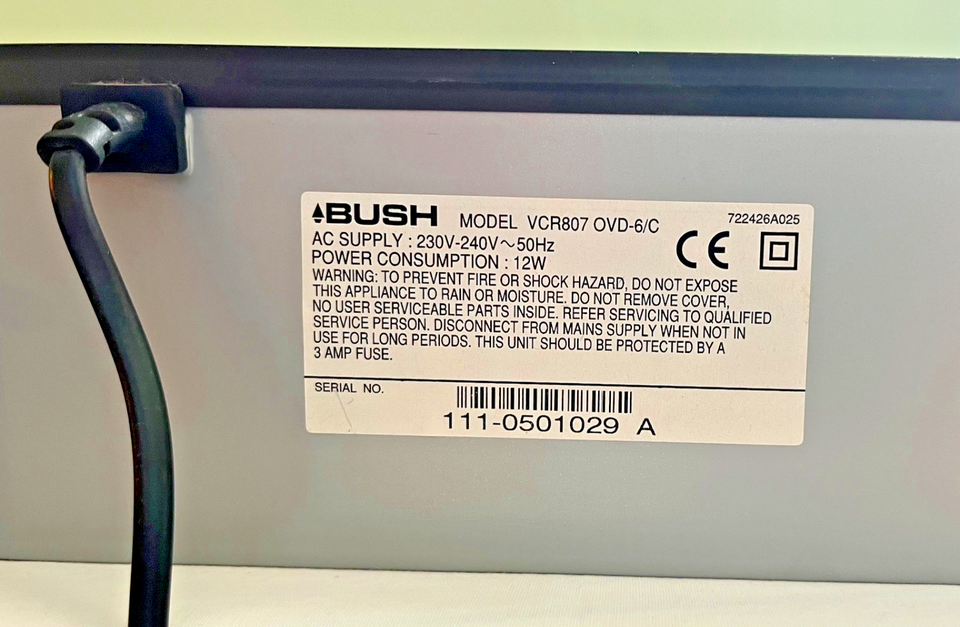 Bush Model VCR807 Video Cassette Recorder / Player. VCR, VHS format ...