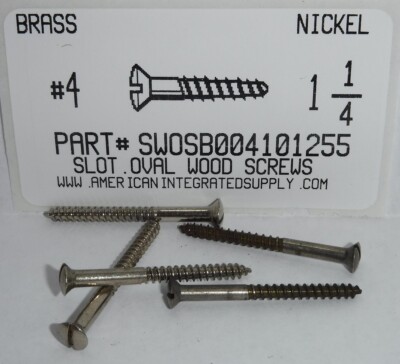 #4x1-1/4 Oval Head Slotted Wood Screws Solid Brass Nickel Plated (25 ...