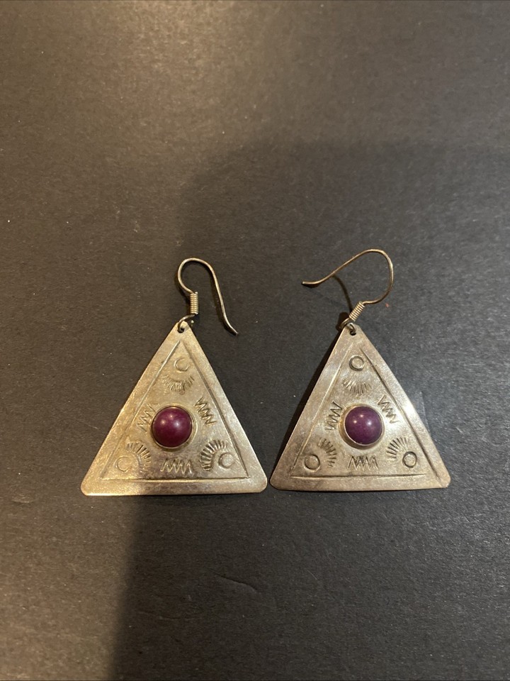 Vintage Sterling Silver Mexico Red Stone Triangle Dangle Earrings ...
