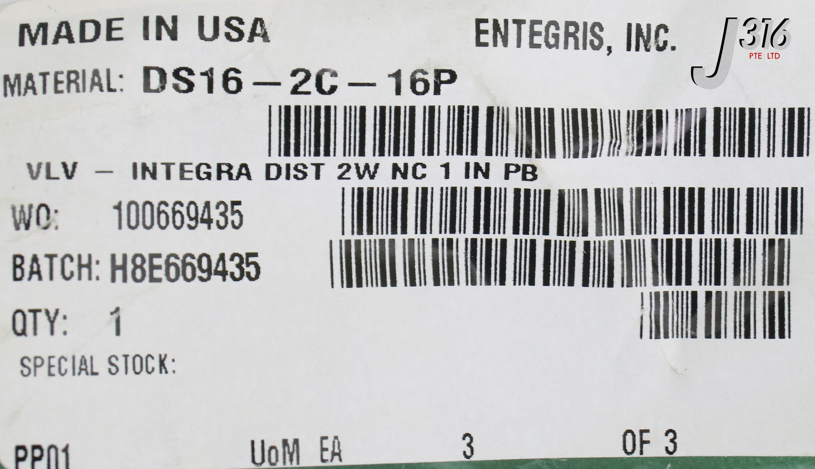 22806 ENTEGRIS INTEGRA PNEU VLVS 1" ORIFICE 2-WAY (NEW) DS16-2C-16P for ...