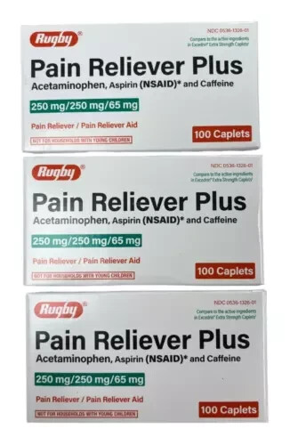 Rugby Pain Reliever Plus ( Migraine Headache ) 100 Caplets ( 3 pack ...