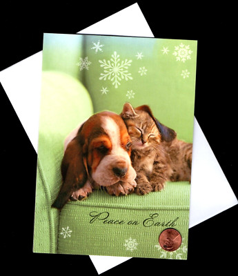 HTF CHRISTMAS Puppy Dogs Ear Covering Sleeping Kitten Cat - Greeting ...