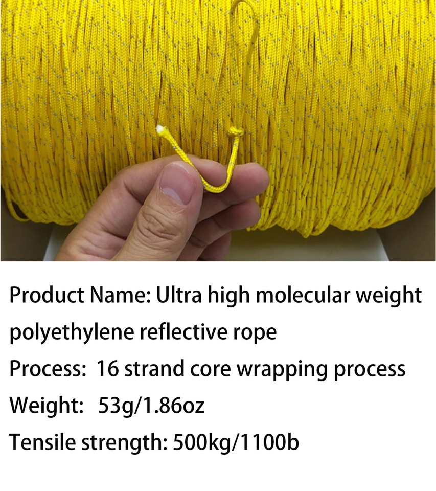 2mm Yellow Dyneema Reflective Rope 65 feet 400kg Strain Tents Kite ...