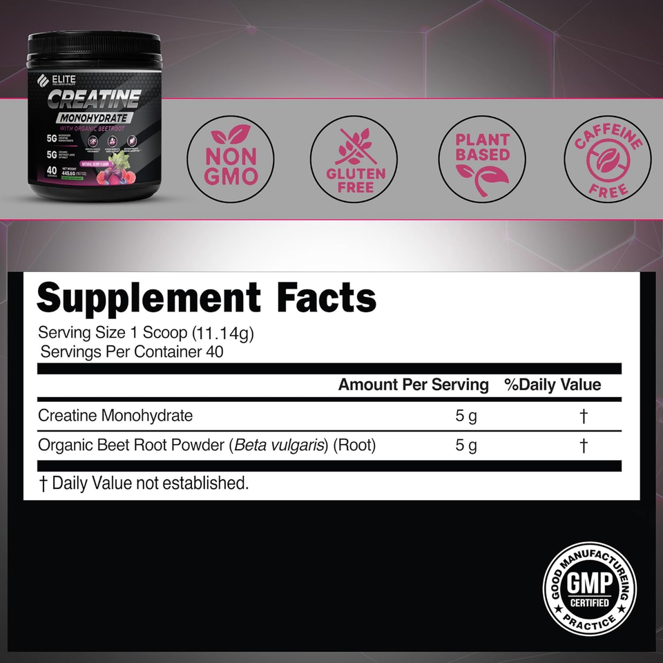 Elite Wellness Berry Flavor Creatine Monohydrate with Organic Beetroot ...